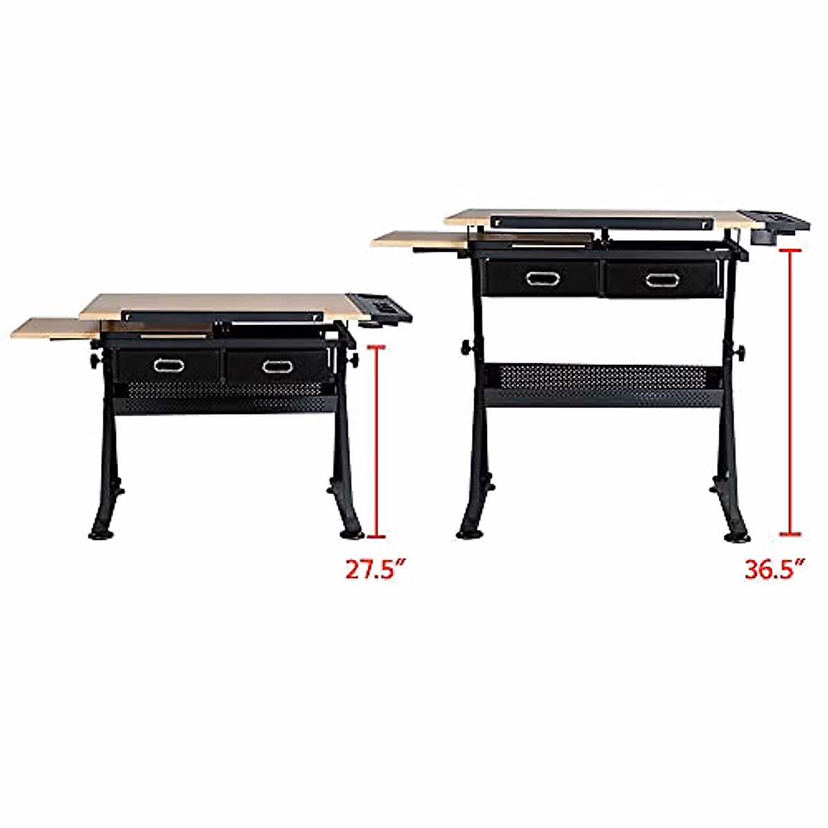 Yaheetech Height Adjustable Drafting Table Drawing Table Artist Desk Tilting Tabletop Art Craft Desk Watercolor Paintings Sketching Work Station w/2 Storage Drawers and Stool for Home Office