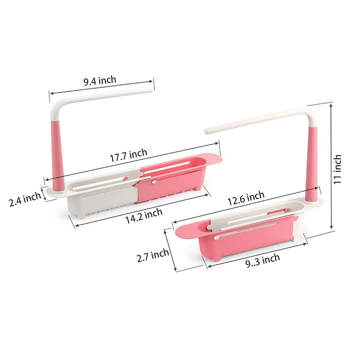 Adjustable Telescopic Sink Storage Organizer Rack Sponge Soap Drain Basket Expandable Organizer for Home Kitchen with Dish Cloth Hanger (Pink)