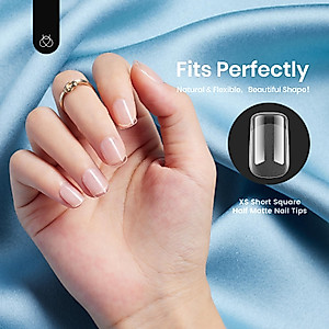 Beetles 504Pcs XS Short Square Nail Tips,12 Sizes Fake Nail Pre Shaped Half Matte Etch X Nail Tips Full Cover False Clear Acrylic Press on Nails for Gel Polish Nail Art Design,Nail Glues Needed