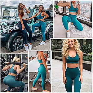 SUPJADE Buscando Workout Sets for Women 2 Piece High Waisted Leggings and Racerback Bras for Women,Seamless Yoga Outfits for Women 2 Piece Set Dark Green