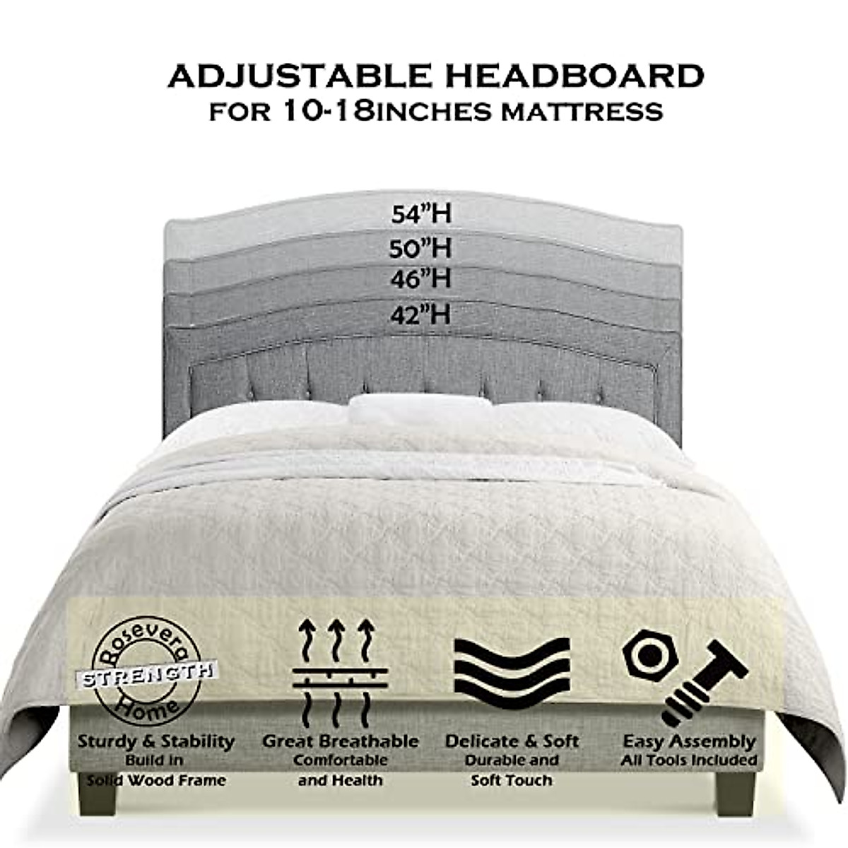 Rosevera Jordana Panel Bed Frame with Ajustable Button-Tufted Headboard for Bedroom/Linen Upholstered/Wood Slat Support/Easy Assembly,California King,Gray