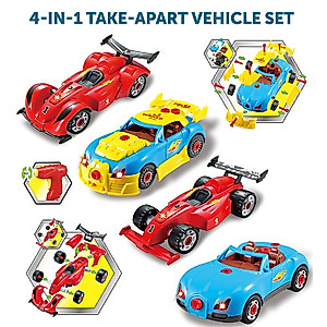 PREXTEX 53 Piece Build Your Own Racer Car Set STEM take Apart Toys for Boys with Real Working Drill and Screws 53 Piece Take-A-Part Toy for Boys and Girls with Lights and Sounds