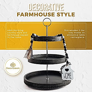 Farmhouse Tiered Tray - 3 Tier Tray for Serving, Display & Kitchen Decor - Round Three Tier Decorative Rustic Wooden Stand - Optional 2 Tier Design - Black Wood Accent Piece for Table & Countertop