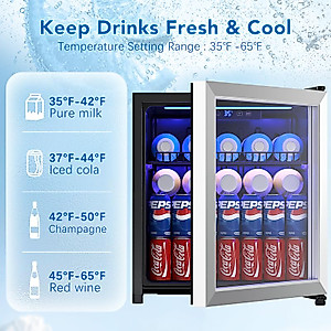 Tehanld Compact Beverage Refrigerator, 68 Can/1.75 Cubic Feet Mini Fridge with Glass Door for Soda, Beer, or Wine, Freestanding Drink Cooler with Adjustable Shelves and Digital Display, Sliver