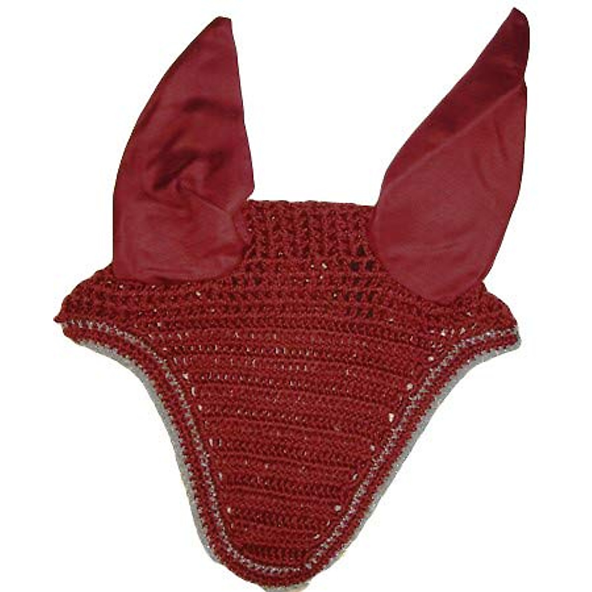 Avani Creations Horse Earnet Crochet Fly Veil Equestrian Fly Bonnet/Veil/mask Burgundy Color with Silver Edges