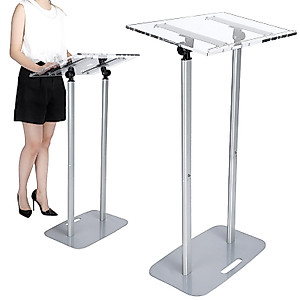 Kigley Acrylic Podium Stand Clear Podium Lectern 43.3'' Tall Floor Standing Speaking Podium with Adjustable Angle 30°-90° Slanted Top Silver Aluminum Body Base for Church Office School Speech Concert