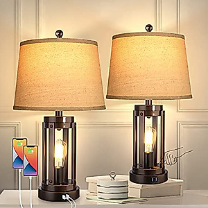 WIHTU Set of 2 Table Lamps with USB Ports, 3-Way Dimmable Farmhouse Touch Lamps, Bedside Lamp for Bedroom with AC Outlet, Modern ORB Nightstand Lamps Desk Lamp for Living Room Reading, Bulbs Included
