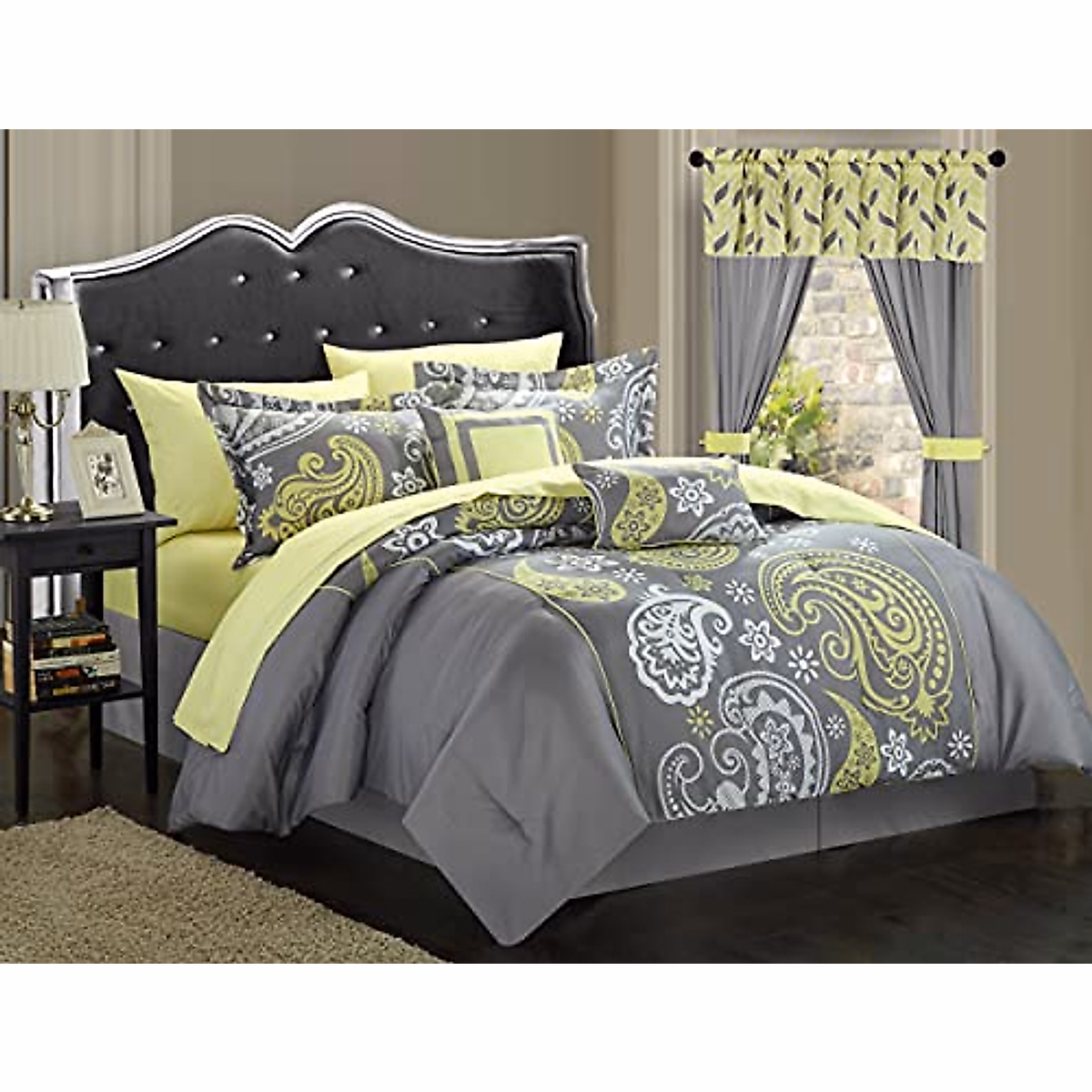 Chic Home Olivia 20-Piece Comforter Reversible Paisley Print Complete Bed in a Bag with Sheet Set, Window Treatments, and Decorative Pillows, King, Grey