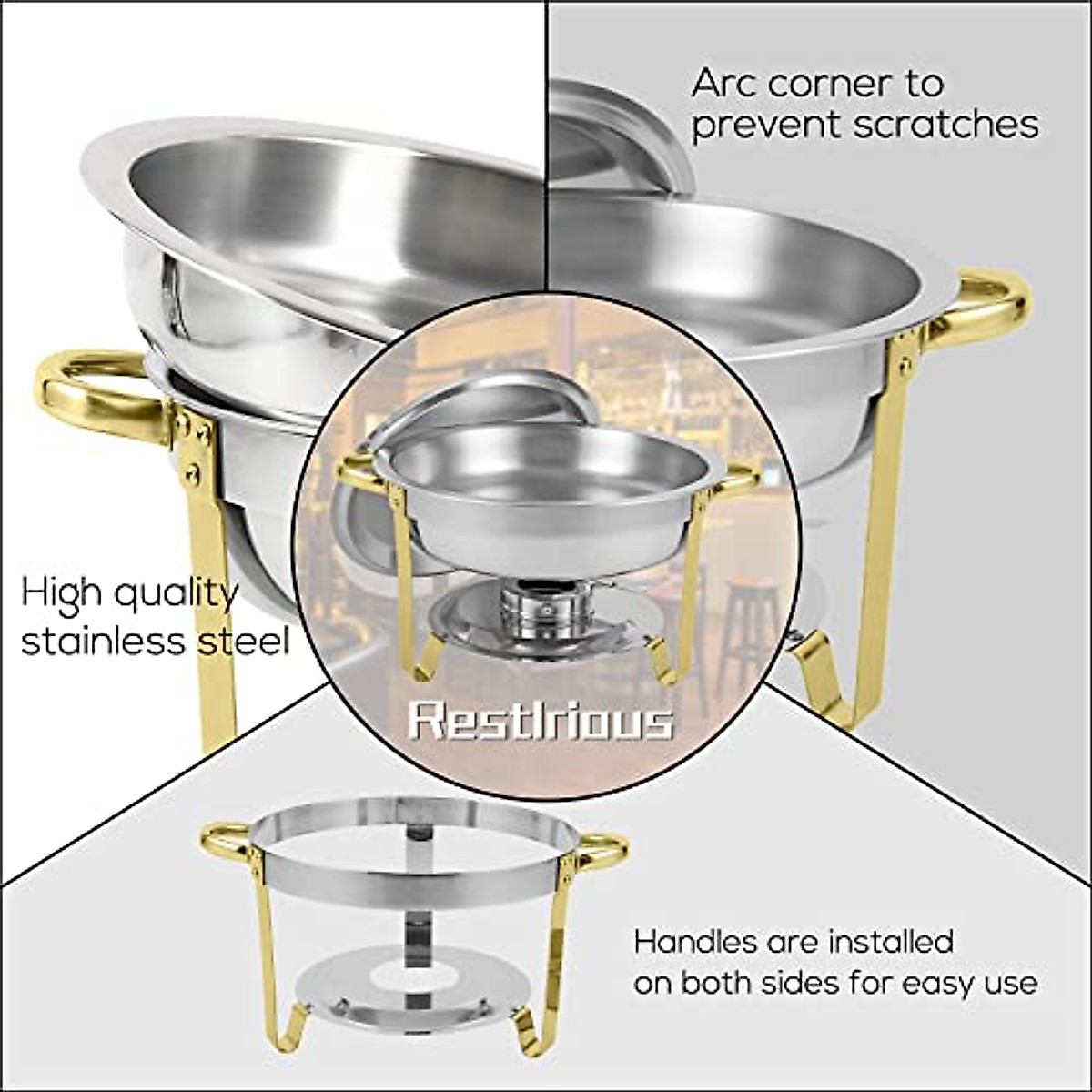 Restlrious Chafing Dish Buffet Set Stainless Steel Round Chafers and Buffet Warmers Sets 5QT 4 Pack, Complete Set for Buffet Catering w/Water Pan, Food Pan, Fuel Holder and Lid in Gold Accent