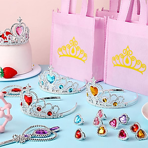 Yinder 12 Princess Party Favors Costume Dress up Accessories Set Included Gift Bags Princess Plastic Crown Tiara Rings and Wands Christmas Birthday Party Jewelry(Elegant Style)