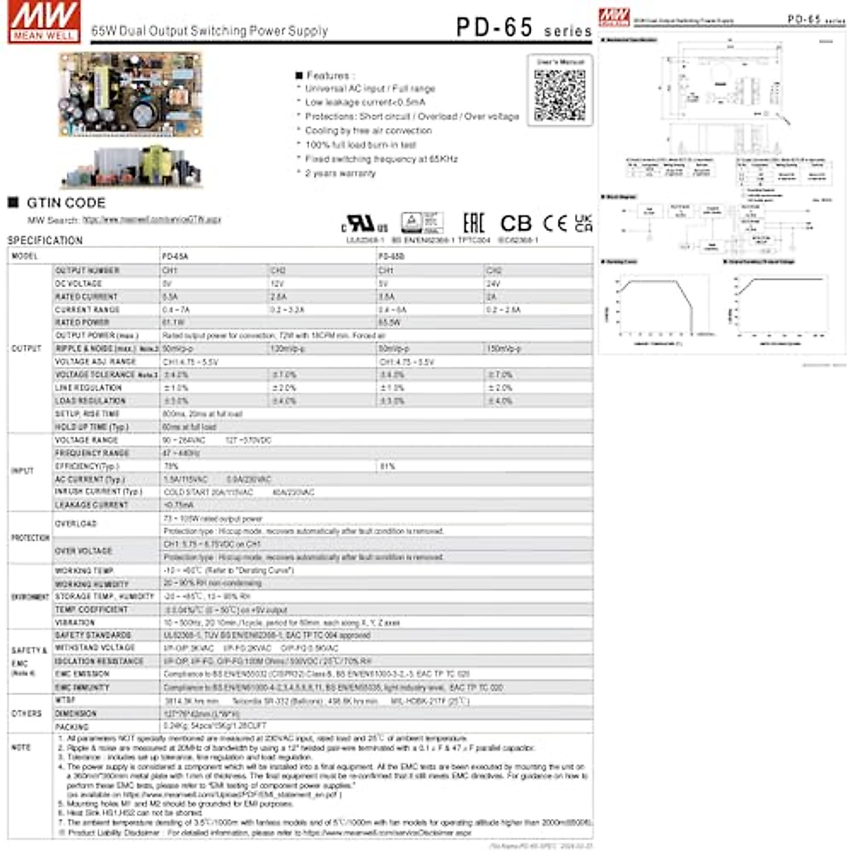 FerroFab PD-65A 5V/5.5A & 12V/2.8A Dual Output Switching Power Supply, 90-264VAC/127-370VDC Input, UL/TUV/CB/CE Certified, for Industrial Control Systems & Automation Equipment