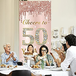 50th Birthday Door Banner Decorations for Women, Rose Gold Pink Cheers to 50 Years Birthday Door Cover Backdrop Party Supplies, 50 Year Old Birthday Poster Sign Photo Booth Props