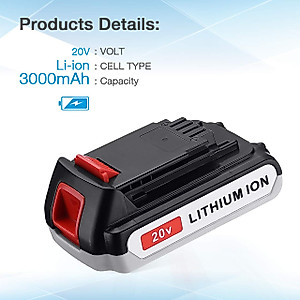 Powerextra 2 Pack LBXR20 Battery 3.0Ah Replace for Black and Decker 20V MAX + 20V Charger for Black Decker 20V MAX 20V
