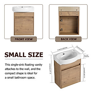 16 inch Floating Bathroom Vanity with Round Single Ceramic Sink, Wall Mounted Bathroom Cabinet with Soft Closing Door Bathroom Vanity and Sink Combo, for Small Space