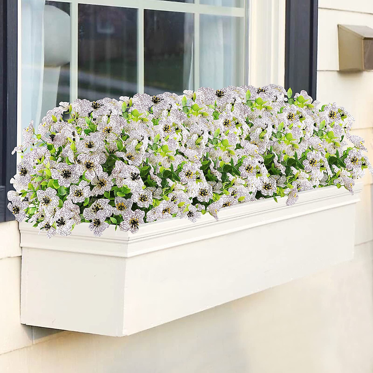 GREENRAIN 6 Bundles Artificial Flowers UV Resistant Fake Plants Outdoor Faux Plastic Flowers Garden Window Box Porch Home Decor (White)