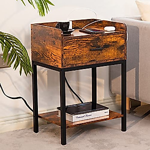 Lerliuo Nightstands Set of 2 with Charging Station and USB Ports, 3-Tier End Side Table with Storage Drawer and Shelf, Modern Bedside Night Stand for Bedroom, Retro Brown