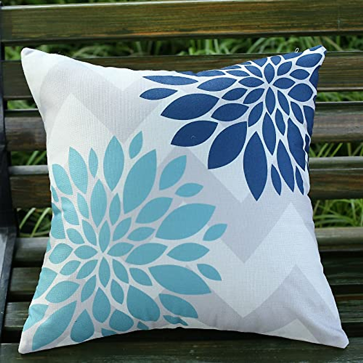 Outdoor Waterproof Throw Pillow Covers 18x18 Inch Teal and Turquoise Dahlia Flower Outdoor Decor Accent Pillows for Patio Furniture Set of 2