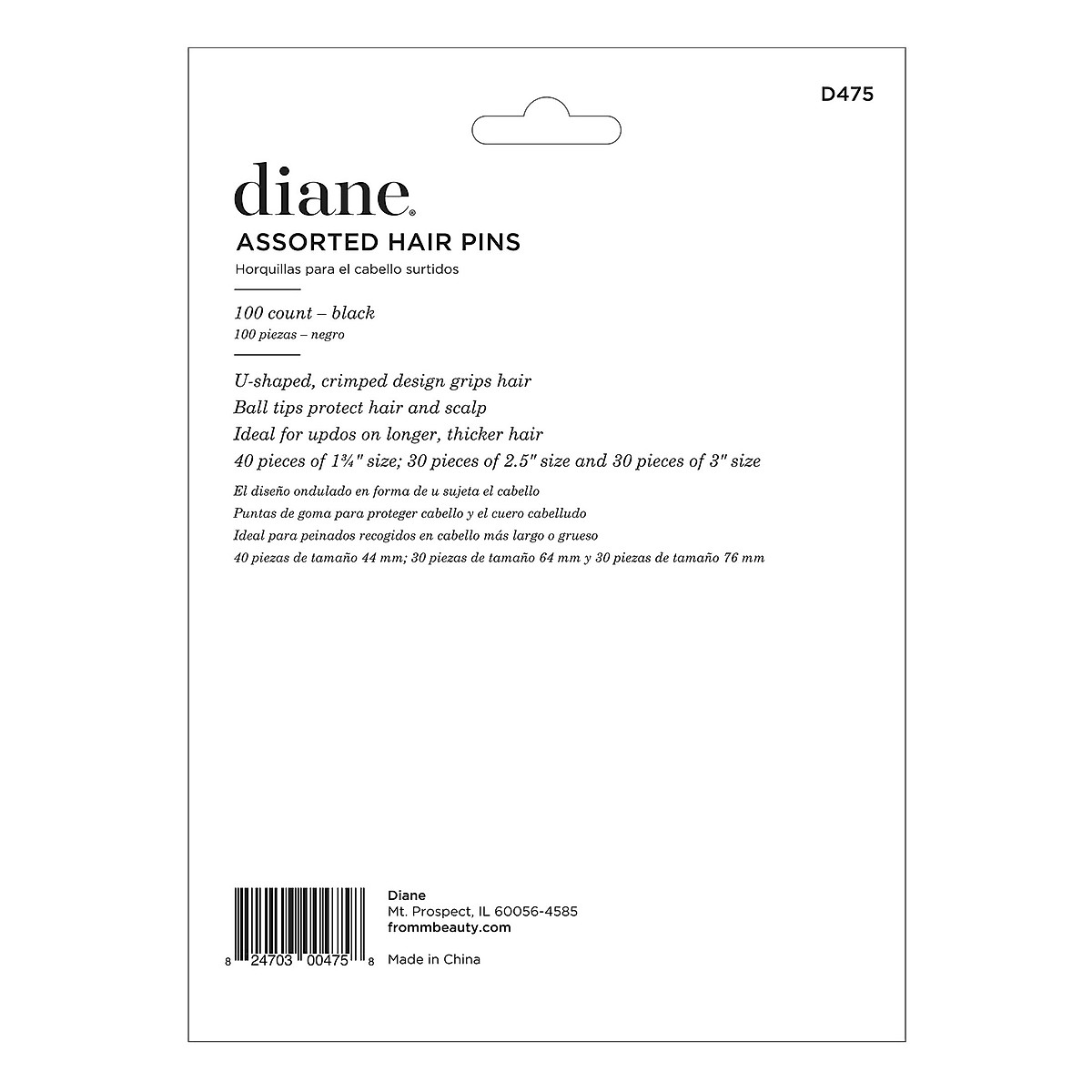 Diane Hair Pins for Women Bulk Pack of 100 Assorted Sizes Jumbo 3, Large 2.5, Medium/Small 1.75 - Black, Crimped Design with Ball Tips, D475-100 Count(Pack of 1)