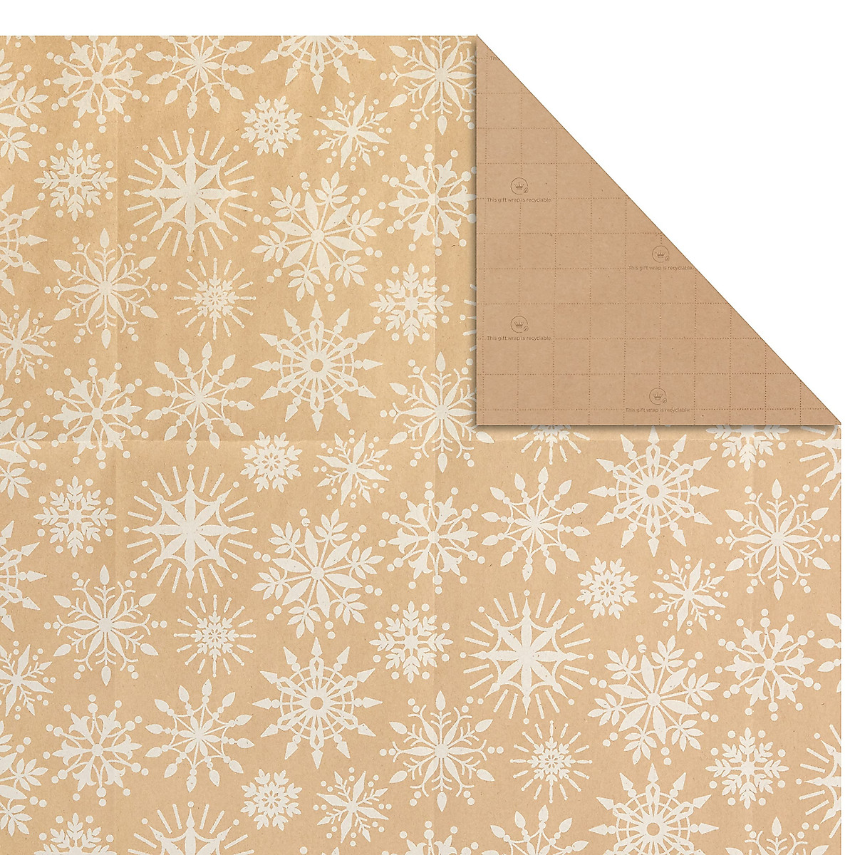 Hallmark Recyclable Kraft Christmas Flat Wrapping Paper Sheets with Cutlines on Reverse (12 Folded Sheets with Sticker Gift Tags) Rustic Red Trucks, White Snowflakes, "Merry Christmas" Lettering
