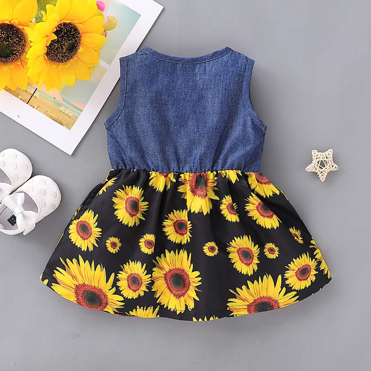 Kucnuzki 12 Month Girl Clothes Toddler Girl Princess Dresses Short Sleeve Girls Denim Skirt Baby Summer Swing Dress Outfits 12-18 Months(Flower+Black)