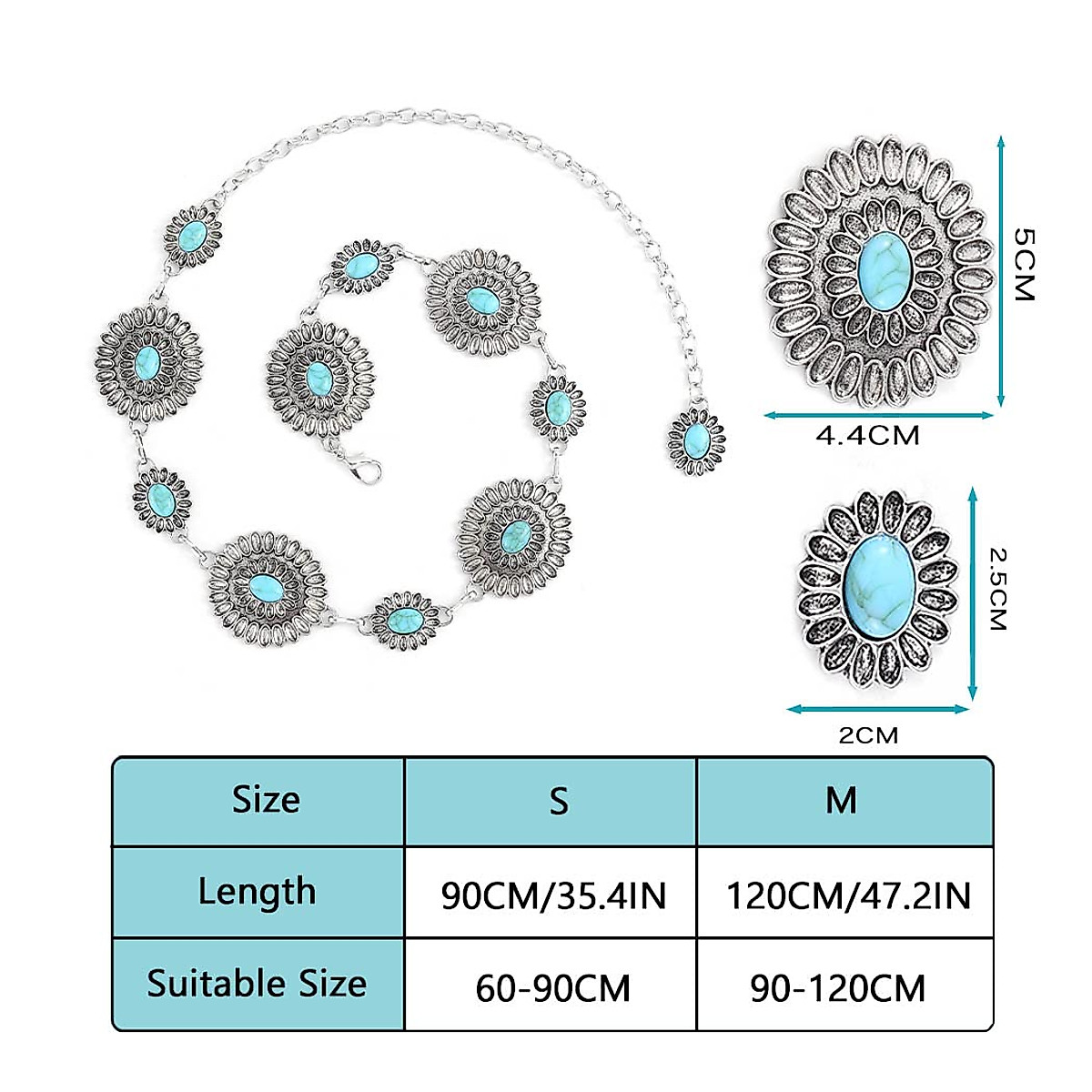 Navoky Turquoise Chain Belts Concho Belt Silver Metal Western Waist Chain Retro Boho Cowgirl Outfit Accessories for women (F, Small)