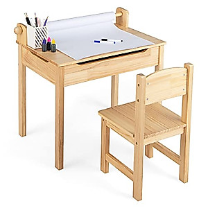 HONEY JOY Kids Activity Table Set with Paper Roll Holder and Pen Slot, 21" x 13.5" x 7", Natural 1