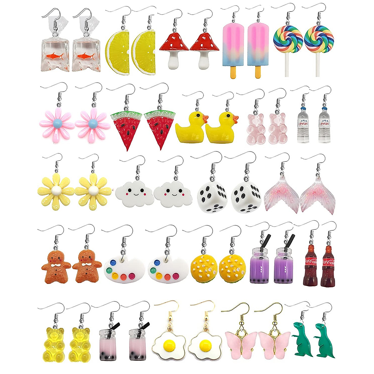 WAINIS 24 Pairs Cute Earrings Weird Earrings Funny Goldfish Earrings Water Bottle Earrings Milk Tea Dangle Earrings for Women