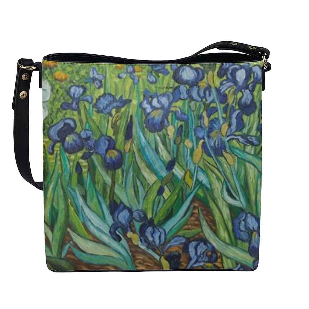 HUGS IDEA Van Gogh Iris Hobo Bag for Women with Adjustable Straps PU Leather Large Capacity Crossbody Handbags Shoulder Purse