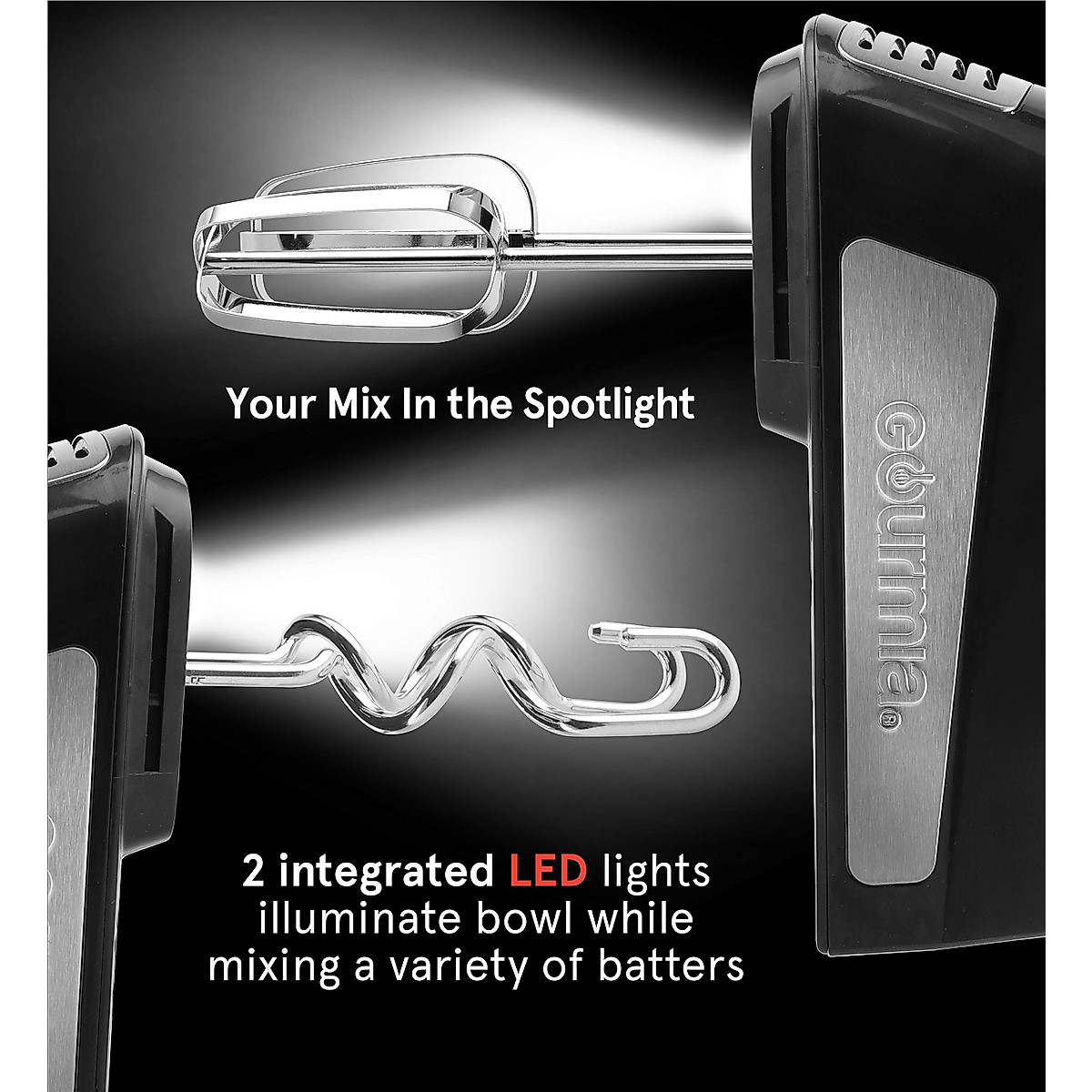 Gourmia GHM2530 Illuminating Electric Hand Mixer with 6 Speeds + Turbo Mode - Powerful 300-Watt Motor - Integrated LED Spotlight - Includes Beater Whisks & Dough Hooks