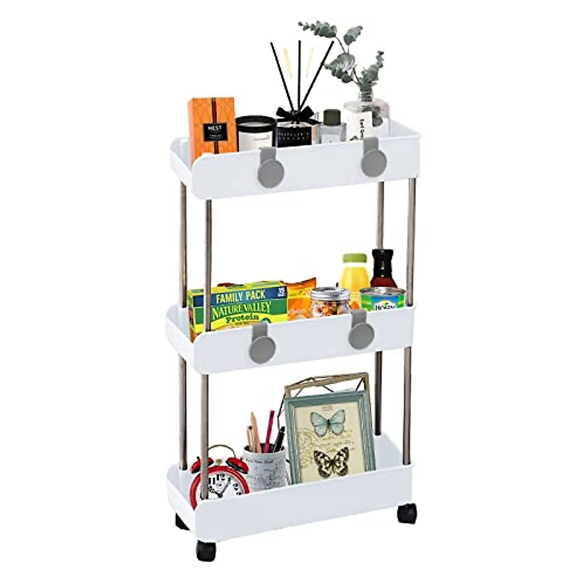 Slim Storage Cart, 3 Tier Mobile Shelving Unit Organizer, Slide Out Rolling Utility Cart Shelf Rack for Kitchen Bathroom Laundry Room Narrow Places, Plastic & Stainless Steel, White