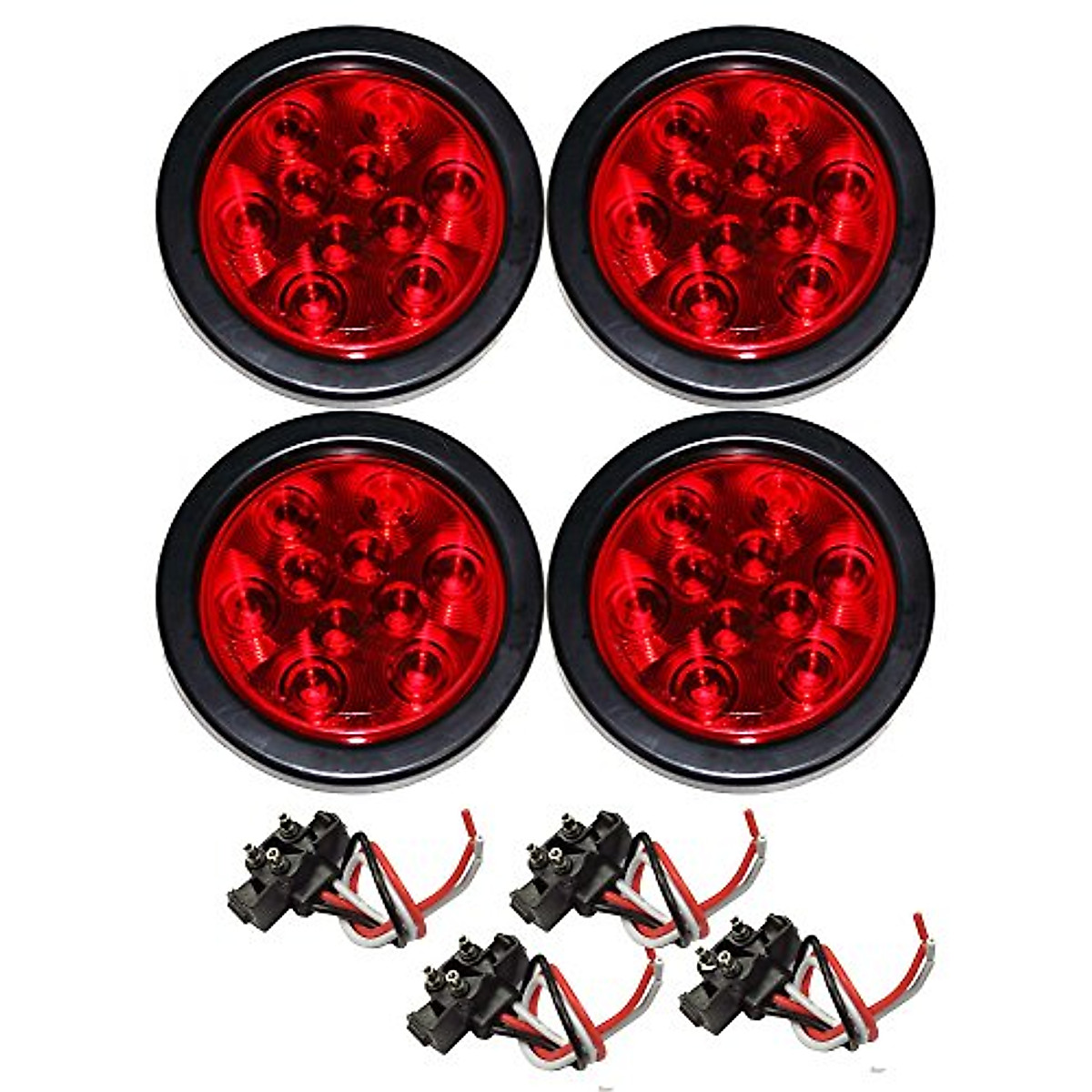 Set of 4 Red 4" Round 10 LED Trailer Light Kits - 24003