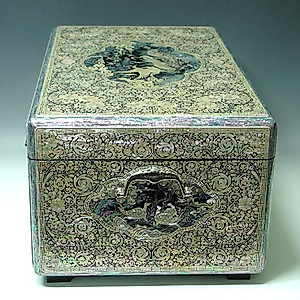 Mother of Pearl Inlay Decorative Long Life Symbols Design Lacquer Wooden Handcrafted Art Jewelry Wedding Trinket Keepsake Treasure Box Ring Case Chest Organizer