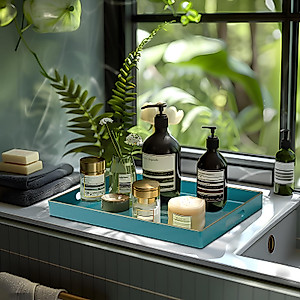 MAONAME Teal Serving Tray with Handles, Modern Decorative Tray for Coffee Table, Plastic Rectangular Tray for Ottoman, Bathroom, Decor, 15.75” x 10.2” x1.57