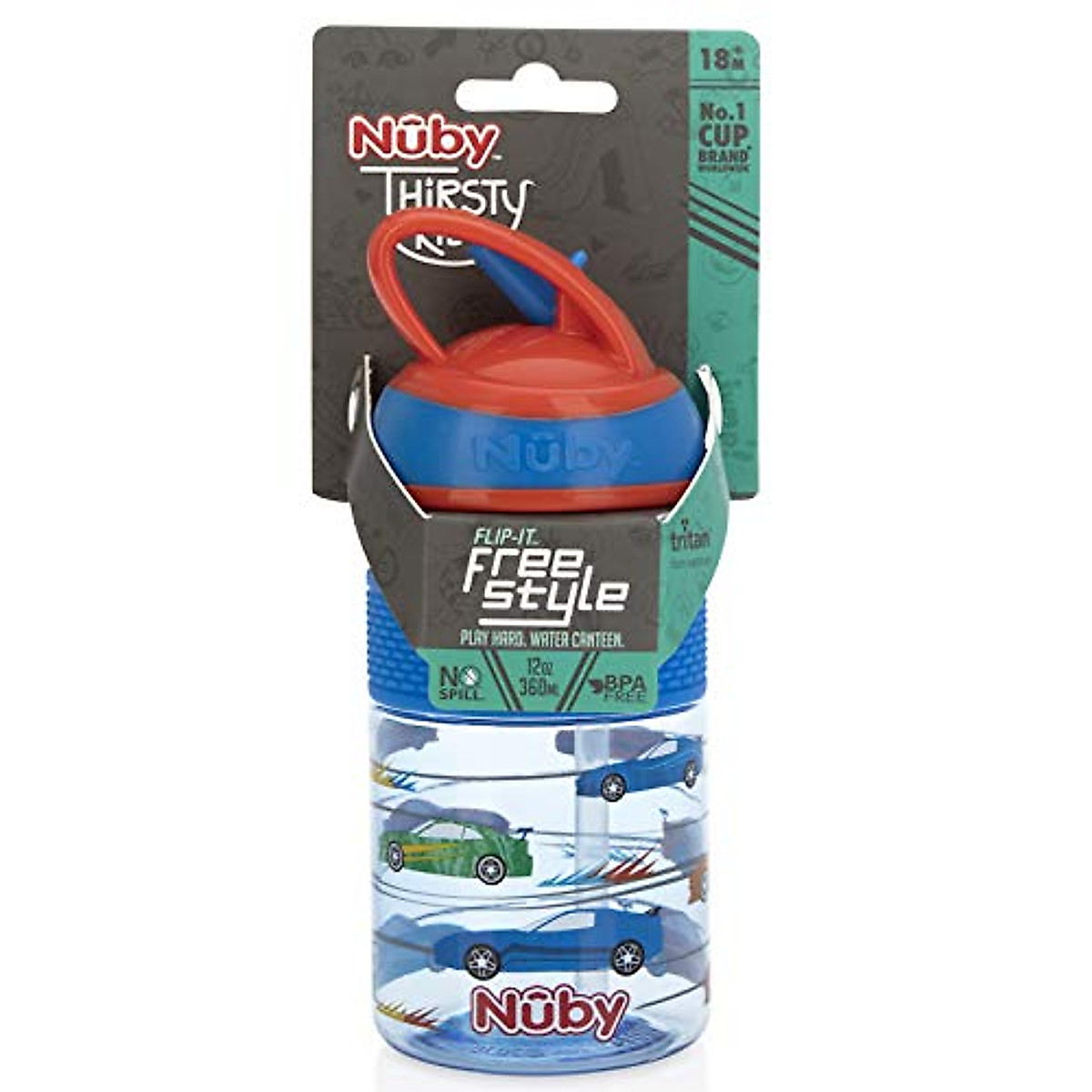 Nuby Thirsty Kids Flip-it Freestyle 12 oz Water Bottle with Bite Resistant Hard Straw, Blue Cars