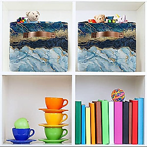 Blue Gold Marble Abstract Modern Square Storage Basket Storage Bins Canvas Storage Organizer Closet Shelf Organizer for Home Office, 2 Pc
