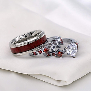ringheart Couple Rings White Gold Filled Heart Stone Red Cz Womens Wedding Ring Sets Wood grain Man Tungsten Wedding Band