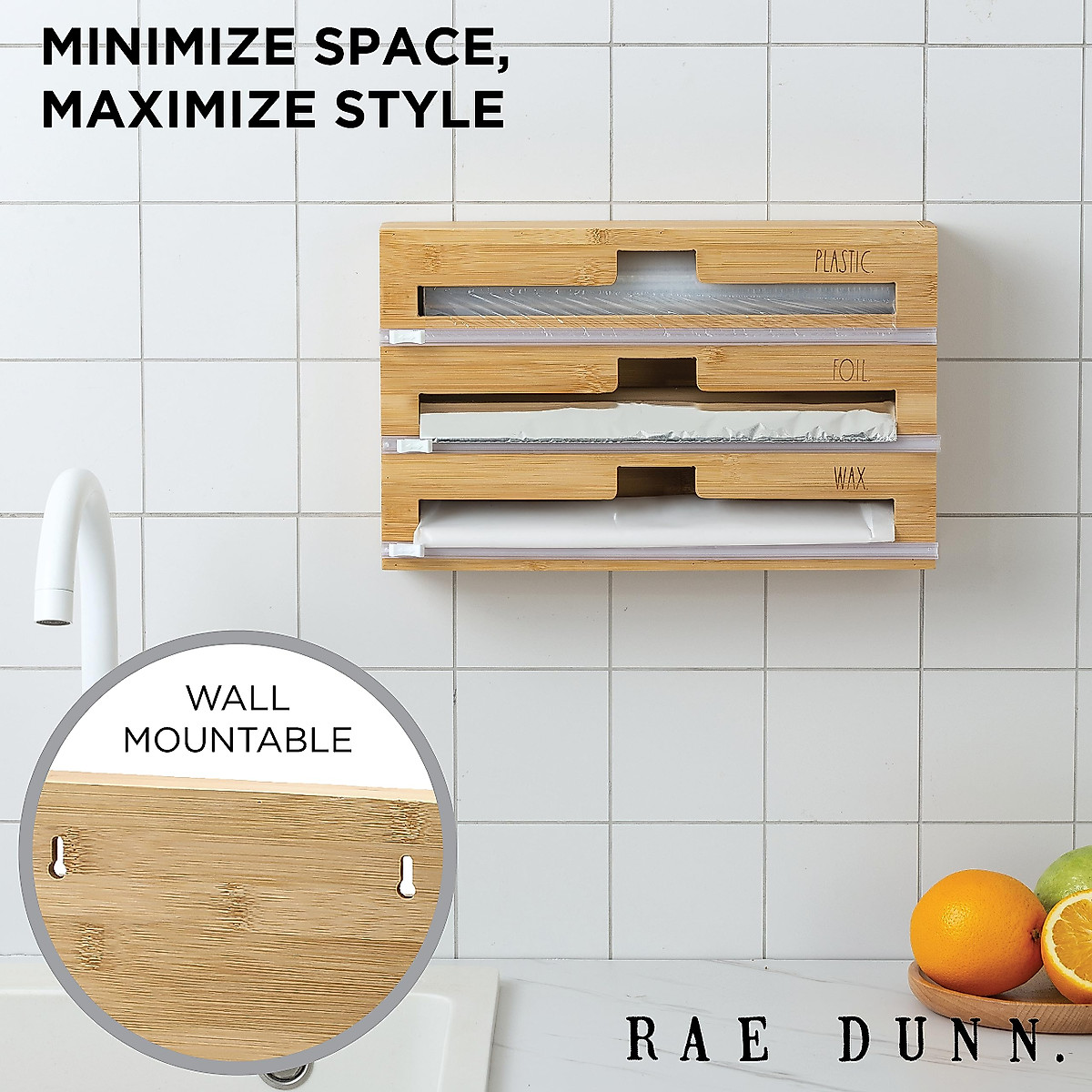 Rae Dunn 3 in 1 Wrap Organizer with Cutter, Plastic Wrap, Aluminum Foil and Wax Bamboo Dispenser for Kitchen Storage Organization Holder for 12" Roll