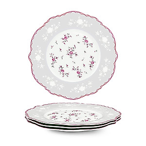 fanquare 8 Inch Porcelain Dessert Plates Set of 4, Lace Serving Bowls Set for Salad, Soup, Pasta, Snack, Pink Roses