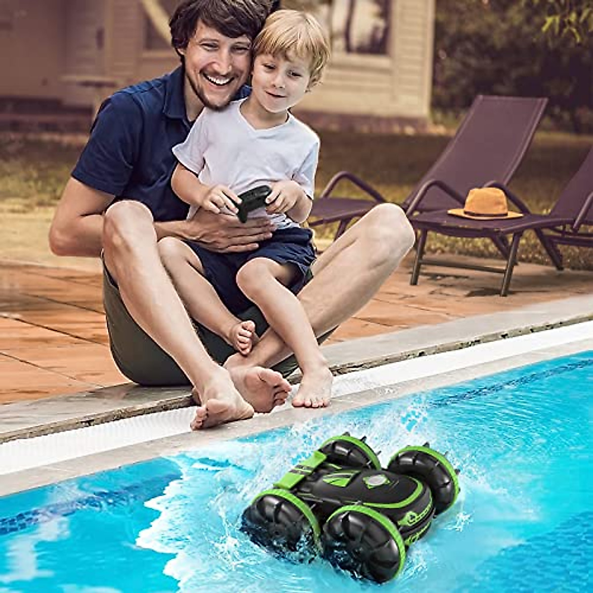 Arulis Amphibious Remote Control Car, 2.4Ghz 4WD Double Sided 360° Rotating RC Stunt Car, Remote Control Boat with Gesture Sensor, Toy Cars Gifts for 3 4 5 6 7 8+ Year Old Boys, Pool Water Beach Toy