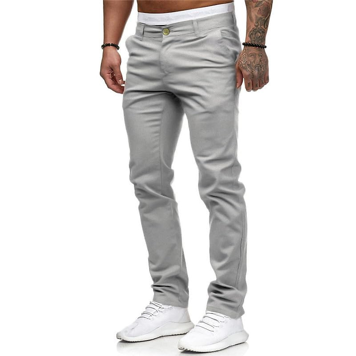 HUNGSON Men Skinny Slim Fit Casual Jeans Dyeing Stretch Straight Fashion Denim Pants Lightgrey