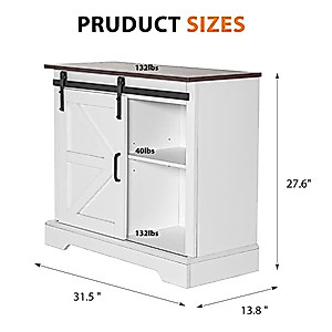 HOMFAMILIA 28" H Farmhouse Coffee Bar Cabinet w/Storage, White Kitchen Sideboard Buffet Cabinet with Sliding Barn Door, Rustic Accent Console with Adjustable Shelves, for Kitchen, Living Room
