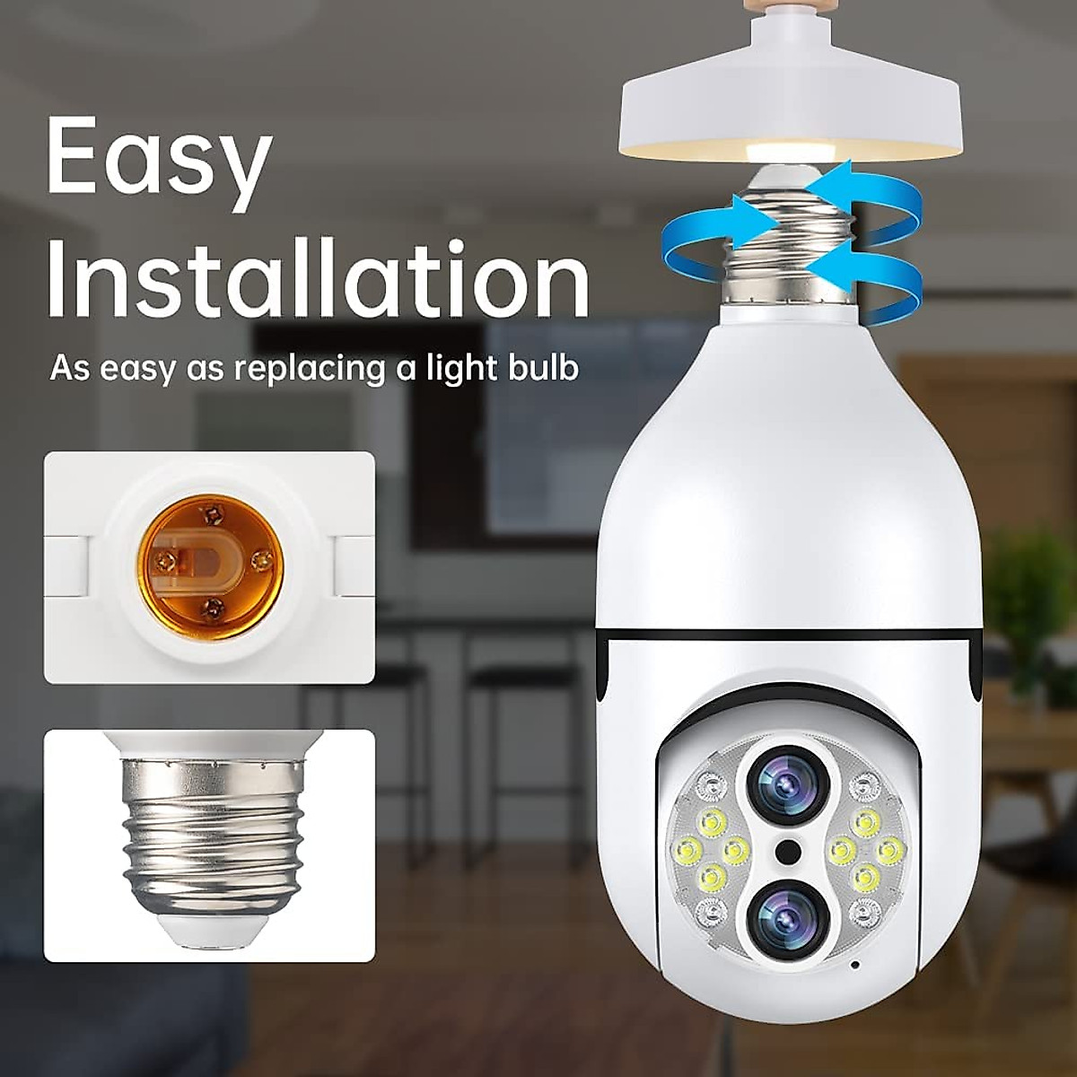E27 Light Bulb Security Camera(Dual Lens), 10XHybrid Zoom Wifi Light Bulb Camera, Two-Way Talk Voice, Color HD Night Vision, Tracking, Sound And Light Alarm, Panoramic Light Bulb Camera 360°(2.4Ghz)