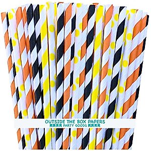 Outside the Box Papers Construction Theme Striped and Polka Dot Paper Straws 7.75 Inches 100 Pack Black, Yellow, Orange, White