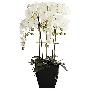 Dahlia Studios Potted Faux Artificial Flowers Arrangements Realistic White Phalaenopsis Orchid in Black Pot Home Decoration Living Room Office Bedroom Bathroom Kitchen Dining Room 25 1/2" High