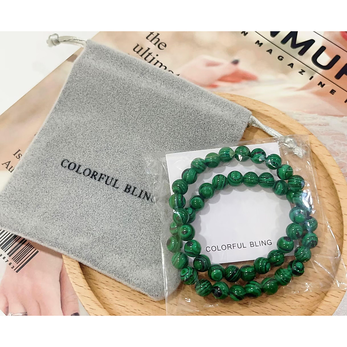 COLORFUL BLING Natural Malachite Bracelet Set, Handmade Gemstone Beaded Stretch Bracelets for Women Men Yoga Bracelet Natural Stone Crystal Beads Bracelets