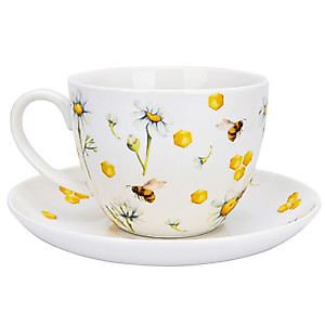 STP GOODS Bone China Kitchen Teacups Tea with Honey Cup and Saucer 15.2 fl oz (450 ml) Pretty Tea Cup with Matching Saucer Christmas Mugs