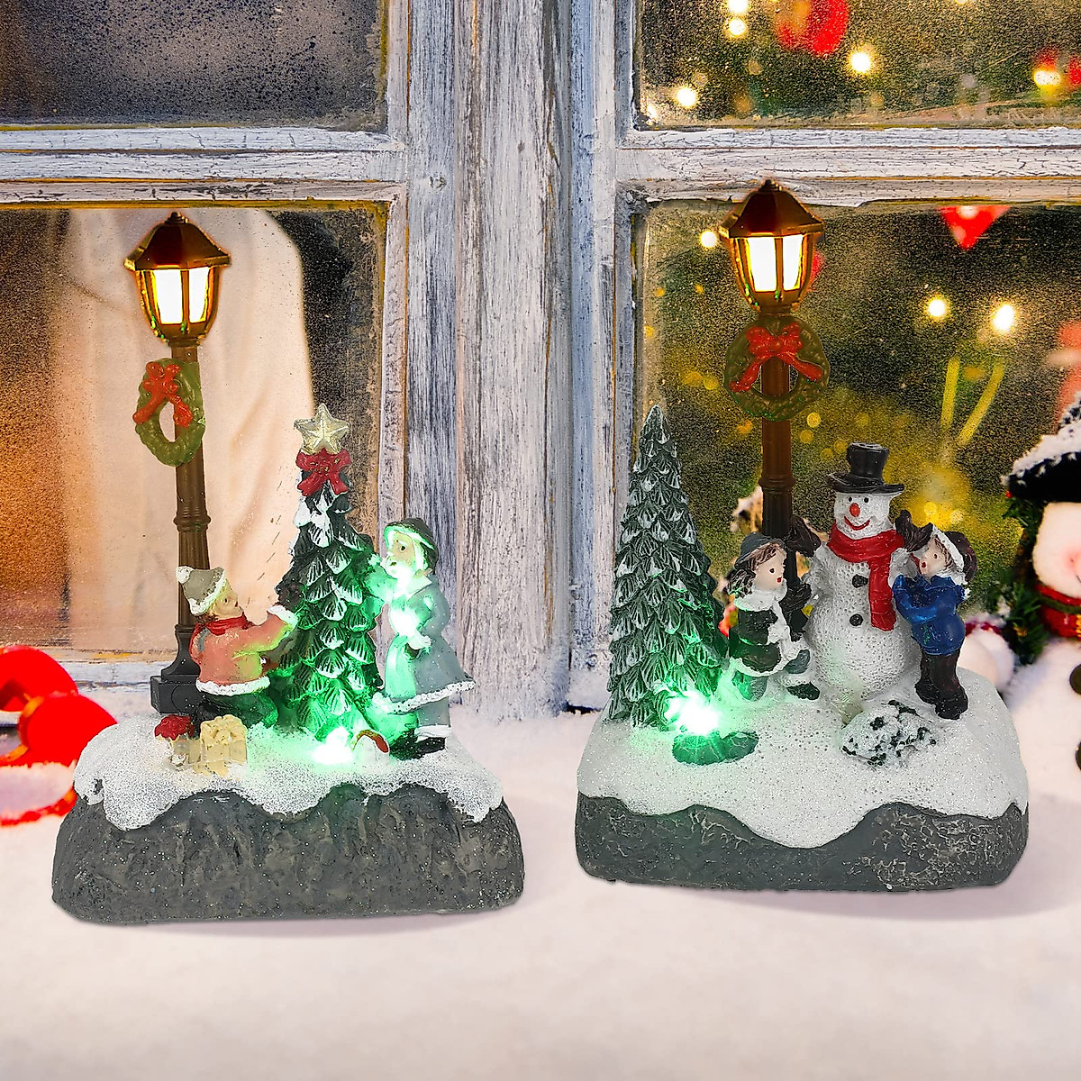 Karenhi Christmas Village Sets, 2 Pcs Snowman Tree Santa Christmas Village Scene with Figurines LED Light Xmas Accessories Tabletop Decorative Xmas Ornaments for Table Decor(Rustic Style)