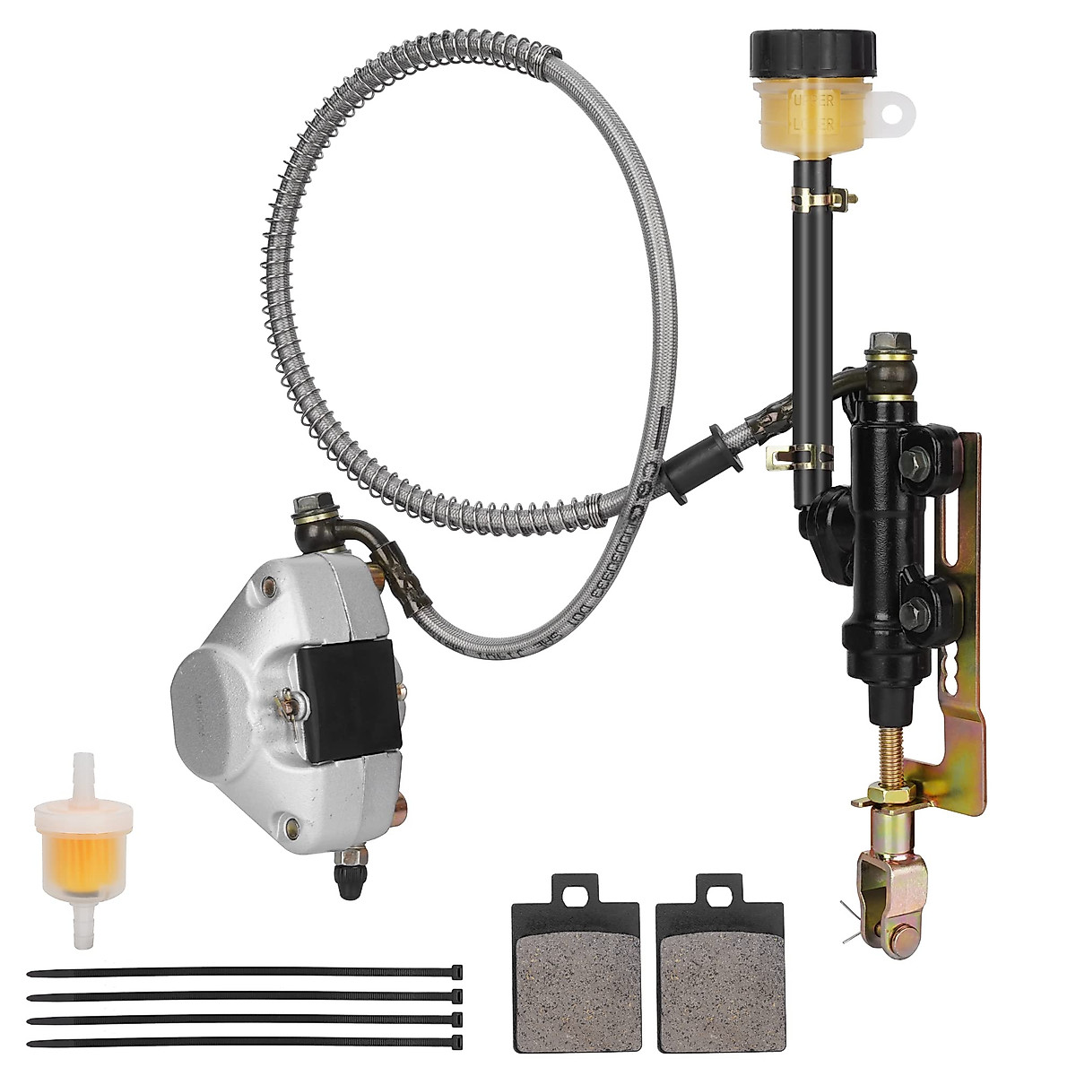 RUTU Rear Foot Disc Hydraulic Brake Master Cylinder Caliper Assembly for 150cc 200cc 250cc Chinese ATV Quad 4 Wheeler Dune Buggy Go Kart - Racing-Grade Pump Body, Double-Layer Brake Fluid Line