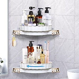 Shinowa Corner Shower Caddy Lazy Susan, 360° Rotate Corner Shower Shelves, 2 Pack Shower Organizer Corner with Hook, Shower Corner Shelf for Bath Storage, No Drilling Shower Shelf for Bath, Kitchen