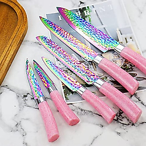 Rainbow Titanium Knife Set, Non Stick Thick and Sharp Stainless Steel Kitchen Knives Set with Acrylic Block, 15 Pcs Cutlery Knives Block Set, Chef Quality for Home & Pro Use, Best Gift, Pink Color